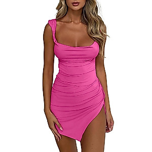 HYPERFIRE Women's Summer Square Neck Low Back Dress Split Hem Ruched Bodycon Mini Short Dresses Backless Sundress Hot Pink X-Small
