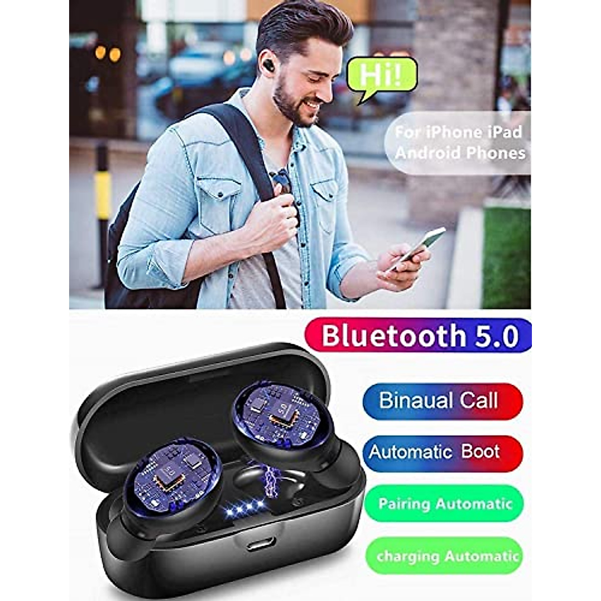 Hoseili【2022new editionBluetooth Headphones】.Bluetooth 5.0 Wireless Earphones in-Ear Stereo Sound Microphone Mini Wireless Earbuds with Headphones and Portable Charging Case for iOS Android PC. XGB13