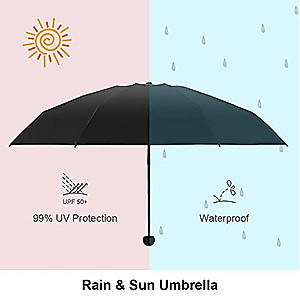 TIME LOVER Mini Windproof Folding Travel Umbrella, Sun & Rain Umbrellas, Compact Portable for Women Men (Black)