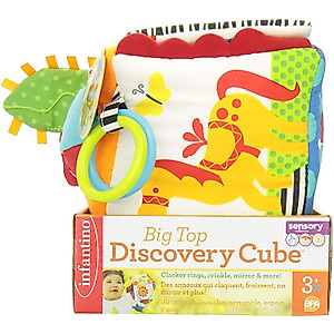Infantino Peek & Seek Discovery Cube - Soft Development Toy, Peek-A-Boo Mirror, Clacker Rings, Crinkle & Rattle Sounds - Sensory Play, Ages 3 Months +