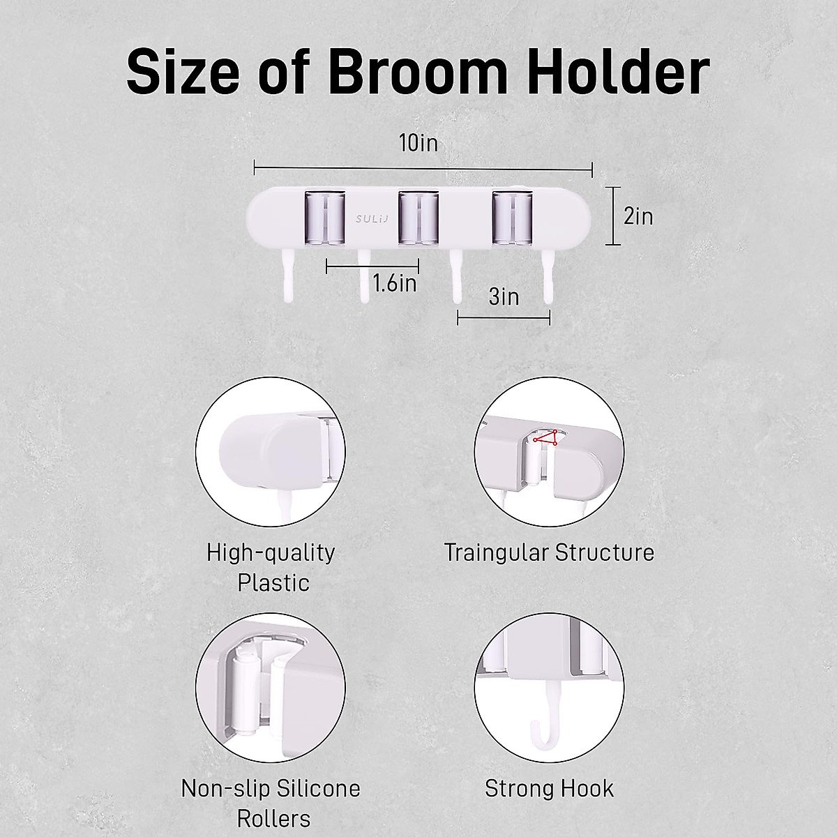 Bntyok Broom Holder with 2 Slots & 3 Hooks Heavy Duty Garden Tool Organizer Broom Hanger Wall Mount for Home Laundry Room Kitchen Closet Shed Garage Organization and Storage - White