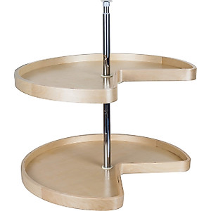 Hardware Resources 2-Tier Lazy Susan Corner Shelf - Kidney-Shaped Rotating Shelves with Adjustable Pole for Kitchen, Cabinet, Cupboard Corners - Wooden Pie Cut Turntable Organizer - White Birch, 24"