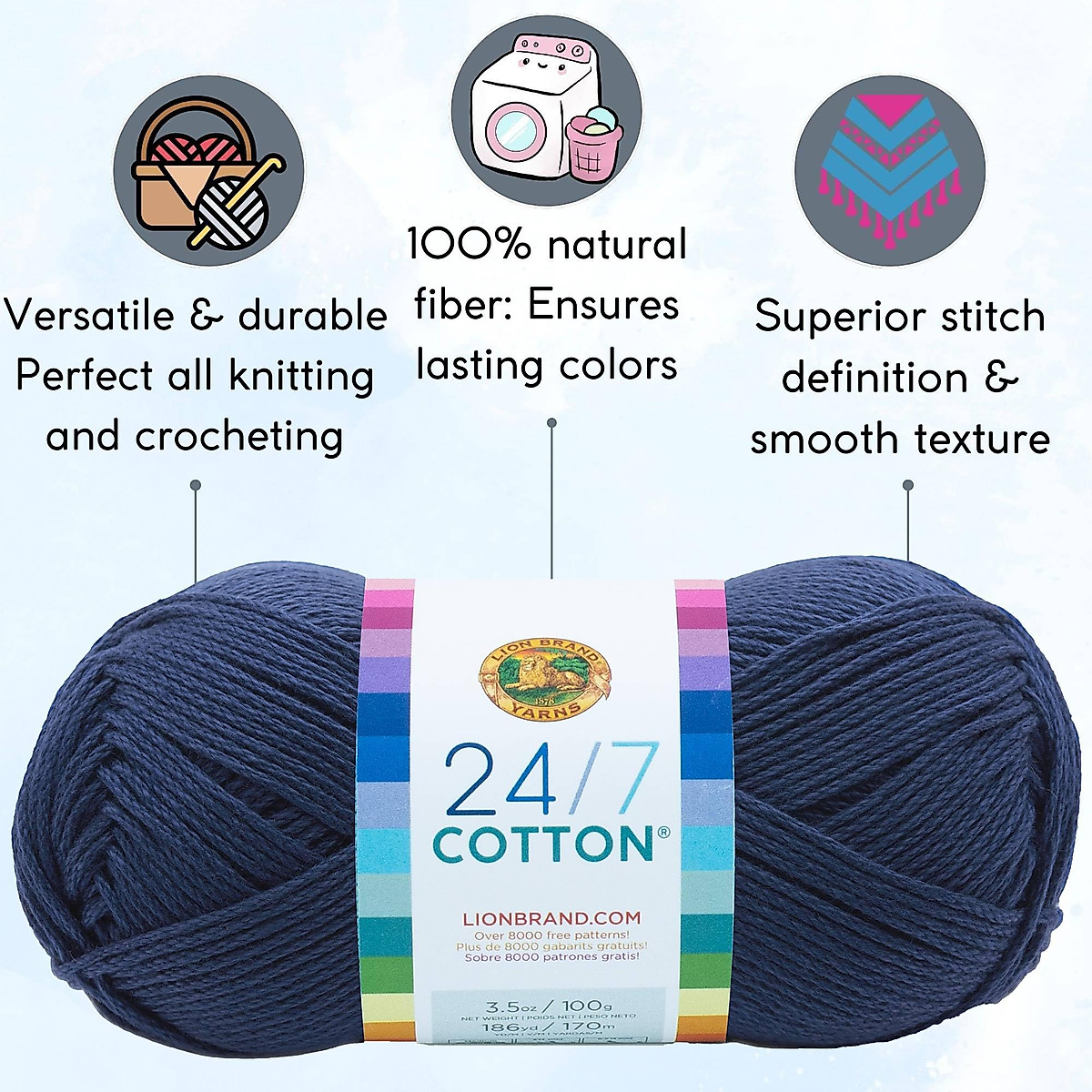 Lion Brand 24/7 Cotton Navy 761-110 (3-Skeins - Same Dye Lot) Worsted Medium #4 Cotton Yarn for Crocheting and Knitting with Project Bag