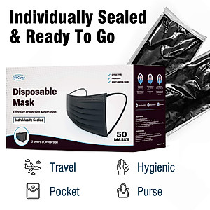 WECARE Disposable Face Mask Individually Wrapped - 50 Pack, Black Masks 3 Ply