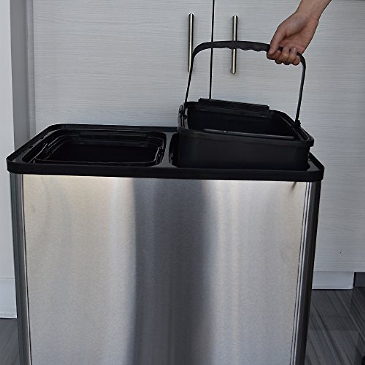 iTouchless 16 Gallon Touchless Trash Can and Recycle Bin Combo Unit with AC Adapter, Stainless Steel Automatic Sensor Kitchen Garbage Receptacle, 2 X 8 Gallon Removable Buckets with Handles