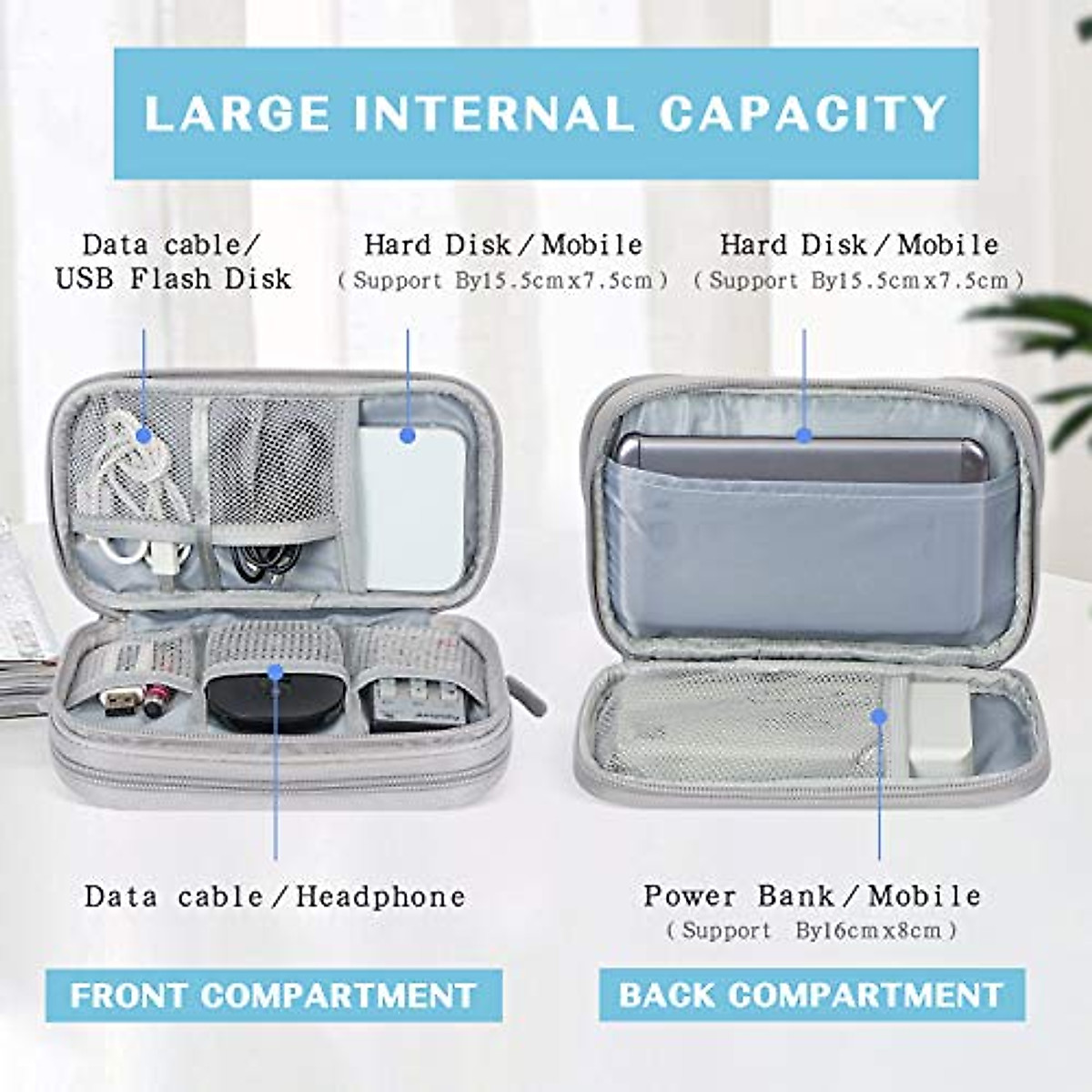 FYY Electronic Organizer, [2 PCs] Travel Cable Organizer Bag Electronic Accessories Carry Case Portable Waterproof Double Layers Storage Bag for Cable, Charger, Phone, Earphone, Small Size-Grey+Grey