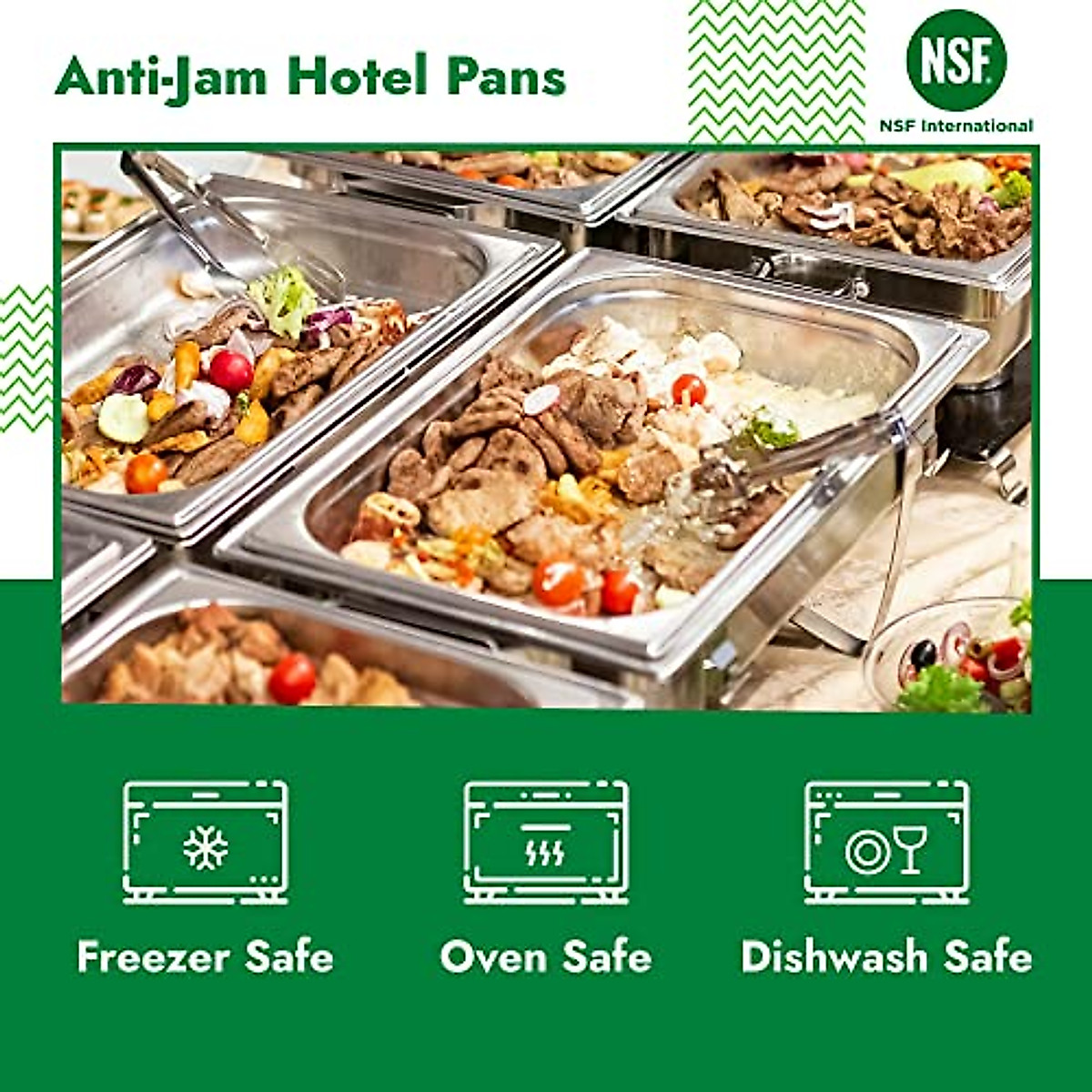 HECMAC 6 Pack Anti-Jam Hotel Pans, 1/2 Size 2 1/2 Inch Deep, NSF Commercial Stainless Steel Chafing Steam Table Pan, Catering Storage Metal Food Pan