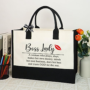 Boss Lady Gift Tote Bag, Leaving Moving Appreciation Retirement Birthday Christmas Gifts for Boss, Leader, Boss Lady, Manager Director, Women, 13oz Canvas Tote Bag With Zipper For Women