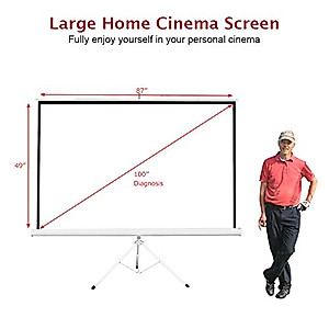 Safstar 100" Tripod Projection Screen, Portable Tripod Floor Stand Manual Pull up Home Theater Office Presentation Projector Screen 87" x 49" Viewing Area