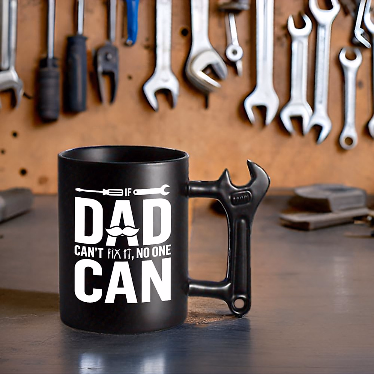 LOZACHE Dad Coffee Mug with Wrench Handle, Funny Dad Birthday Gifts from Daughter and Son for Father Papa Daddy Christmas, Father's Day, If Dad Can't Fix It NO one Can Cup