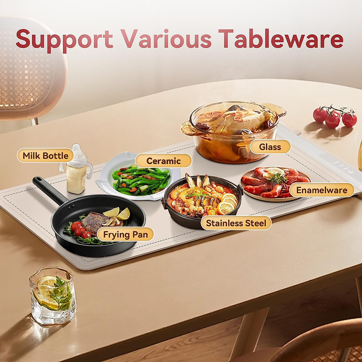 Electric Warming Tray for Food, Full Surface Heating Portable Food Warmer Mat 3 Temperature Settings, Foldable Silicone Heating Mat for Buffet, Gatherings, Parties, Beige