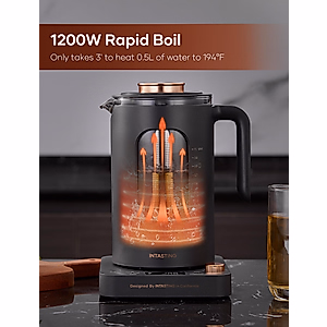 Electric Tea Kettle, INTASTING Glass Electric Kettle with tea Infuser and Precise knob temperature control, 1200W Fast Heating, BPA-Free, Easy to Clean, for Tea and coffee, Dark Grey