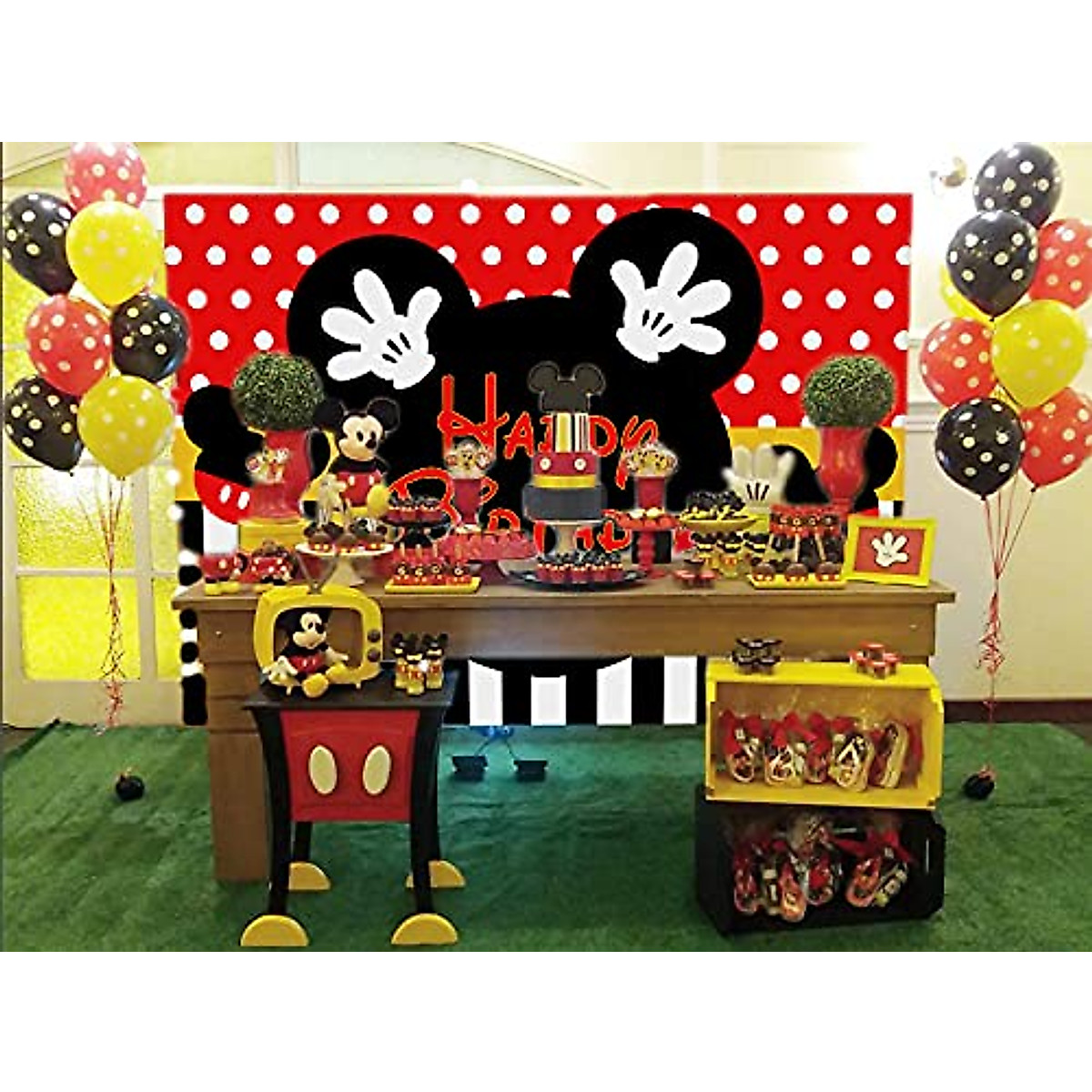 BINARY, Betta Mickey Mouse Photo Backdrop Mickey Happy Birthday Backdrop Red Black Stripes Dots Cartoon Mouse Backdrops for Baby Birthday Party Cake Table Background 6x4ft