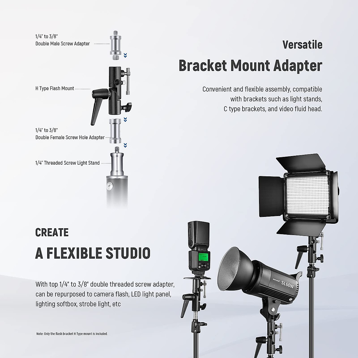 NEEWER Camera Flash Bracket H Type Mount with Umbrella Softbox Holder, 180° Swivel Adjustable Metal Light Stand Adapter with 1/4" to 3/8" Screw Adapter for Speedlite LED Light Stand Tripod (2 Pack)