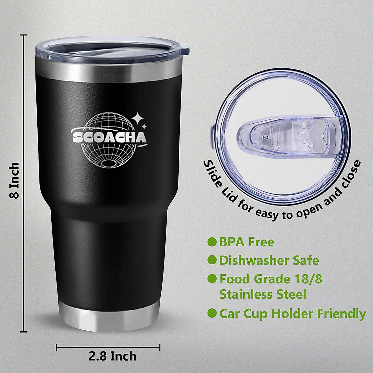 SCOACHA 30 oz Stainless Steel Double Wall Vacuum Insulated Travel Tumbler – Durable and Spill-Proof Lid – Perfect for On-the-Go, Work, and Outdoors. (Black)