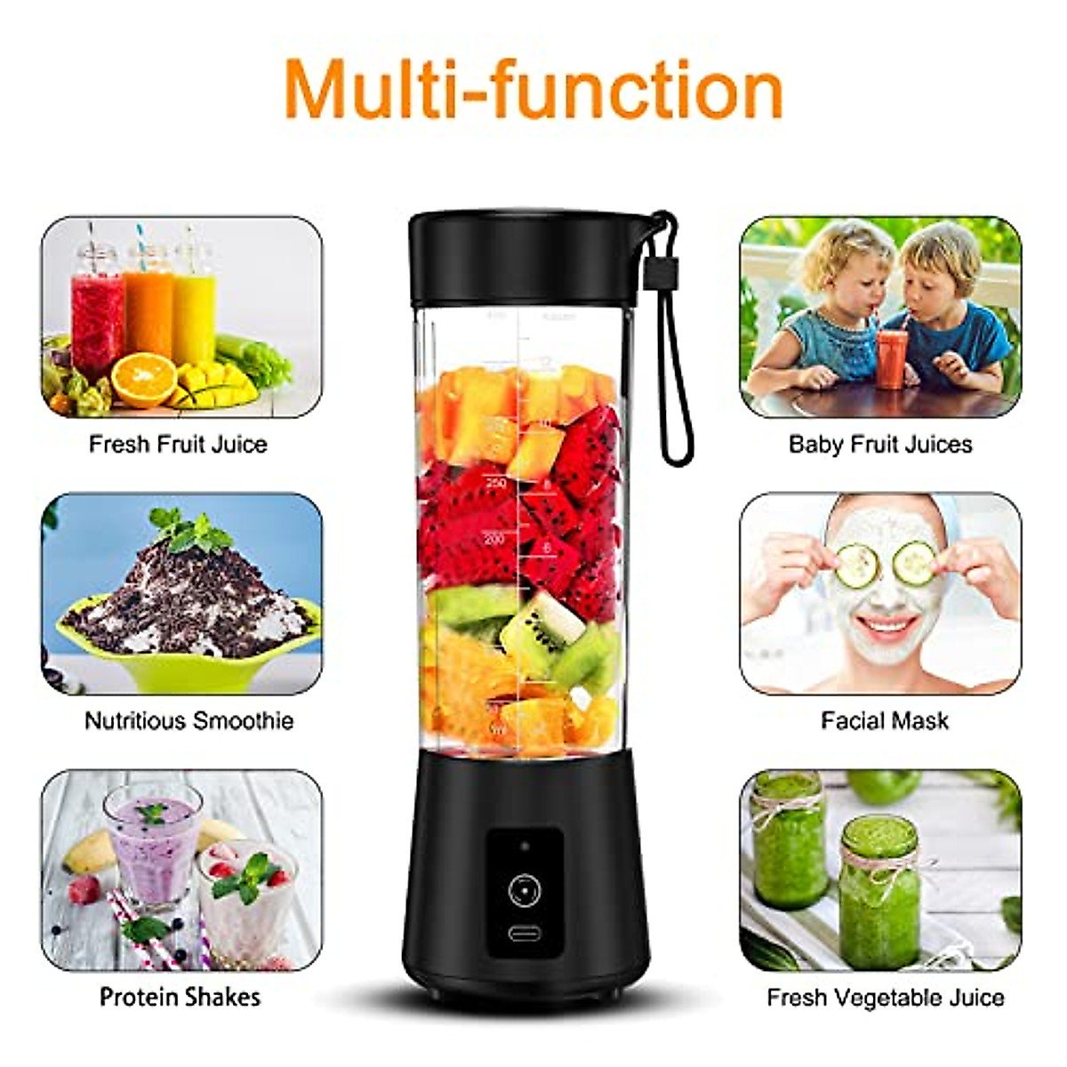 Portable Blender, YKSINX Personal Mini Blender for Smoothies and Shakes USB Rechargeable Juicer Cup Travel Handheld Fresh Juice Blender (Black)