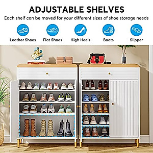 Tribesigns Shoe Cabinet for Entryway, 5-Tier Modern Shoe Rack with Doors and Drawer, Wooden Shoe Storage Cabinet with Adjustable Shelves, Freestanding Shoe Organizer for Hallway Closet Bedroom(White)
