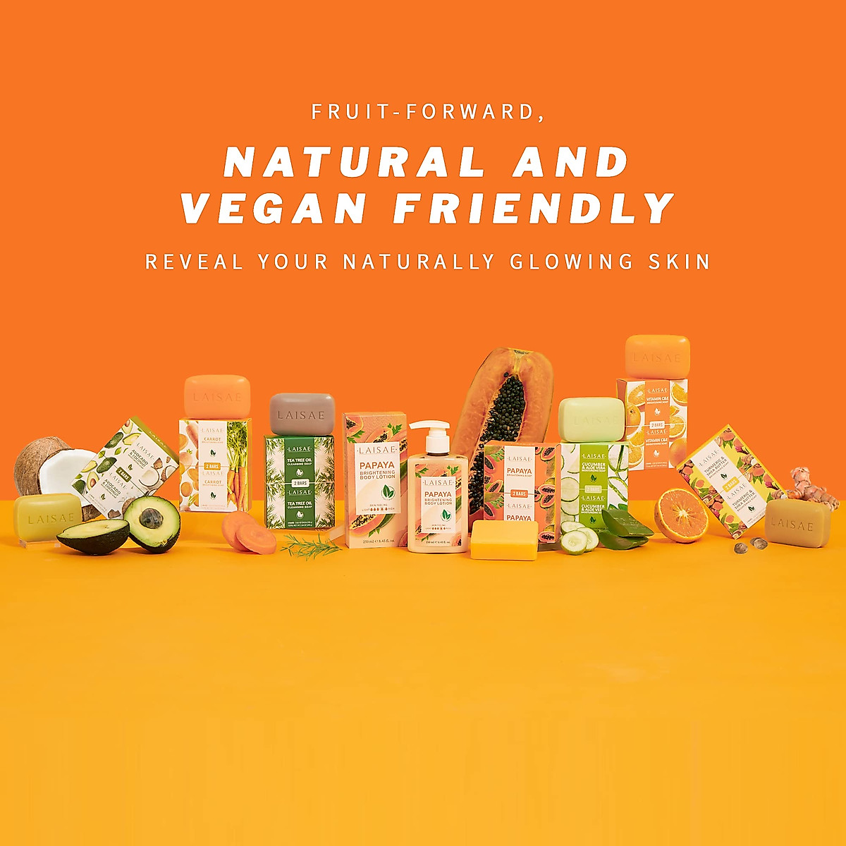 LAISAE Papaya Brightening Soap, Glowing Skin & Hydrating Face Moisturizer with Niacinamide, Shea Butter and Aloe Vera, Even Skin Tone Body Cleansing Bar - Sensitive Skin Soap, Vegan, 3.52 oz (2 Bars)