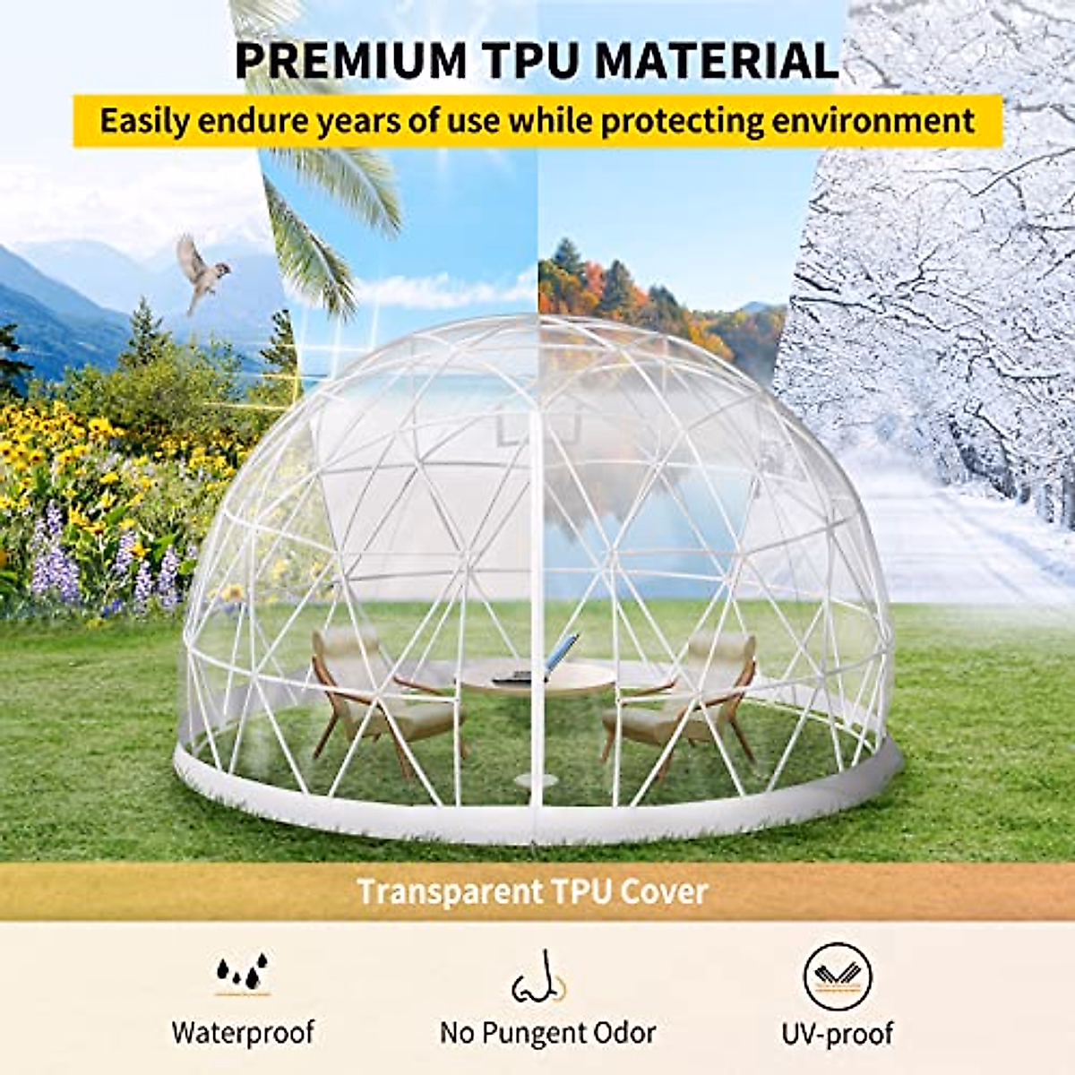 VEVOR Garden Dome 12ft - Geodesic Dome with PVC Cover - Lean to Greenhouse with Door and Windows for Sunbubble, Backyard, Outdoor Winter, Party