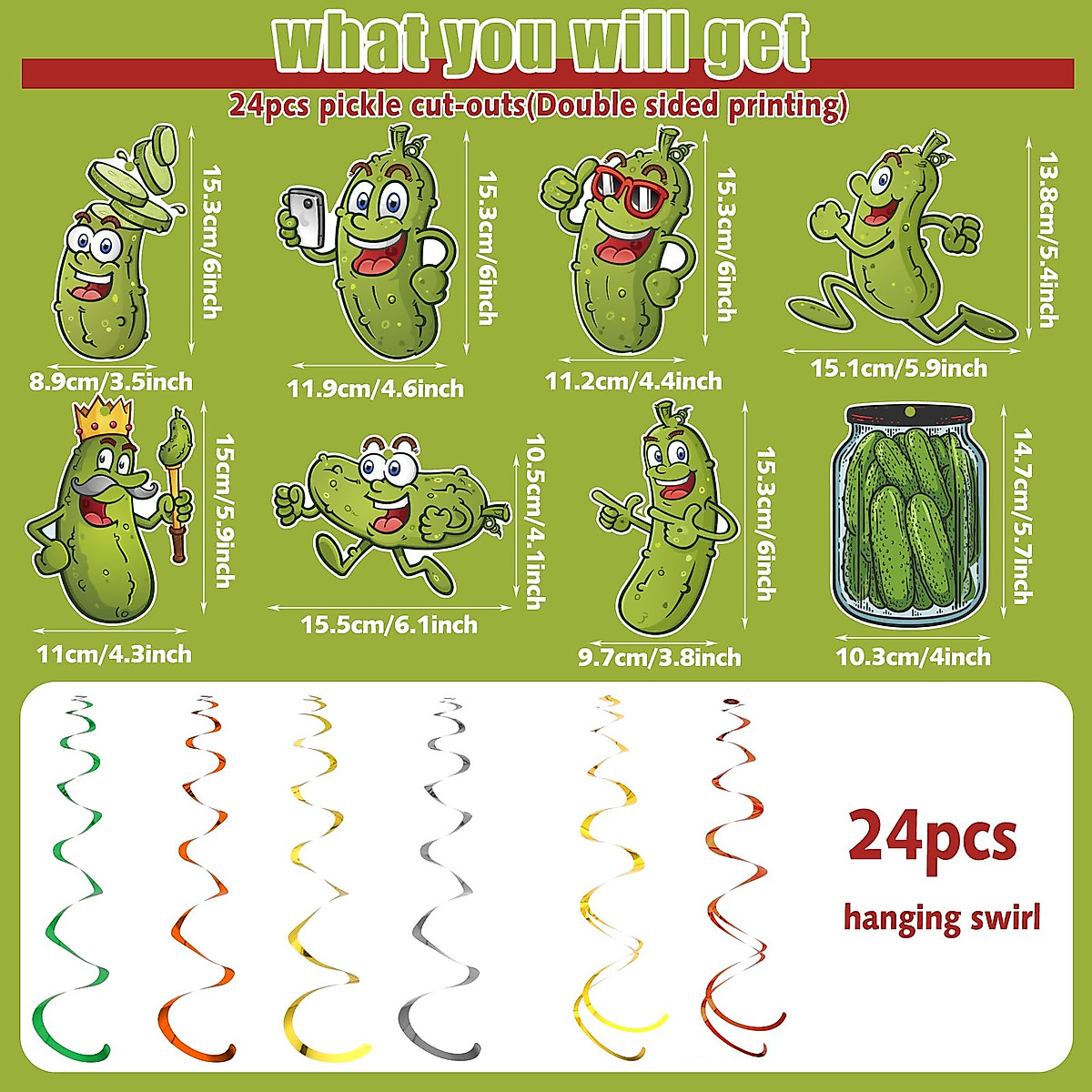 Affrolling 48pcs Pickle Party Decorations Hanging Swirls Ceiling Decor Pickle Theme Birthday Supplies Cartoon Funny Pickle Cutouts with Foil Swirls for Birthday Baby Shower Party Supplies