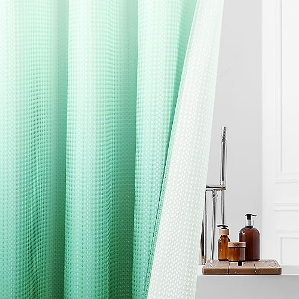 MitoVilla No Hooks Needed Teal Ombre Shower Curtain with Snap-in Liner, Turquoise Modern Waffle Weave Heavy Duty Fabric Cloth Shower Curtain for Luxury Neutral Hotel Spa Bathroom Decor, 72 x 74