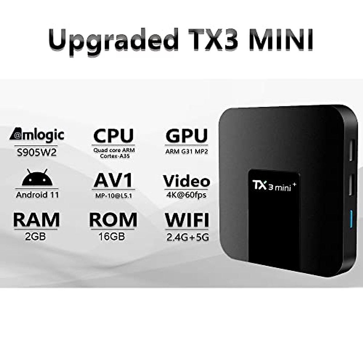 TX3 Mini+ Smart Android TV Box Android 11 TV Box 2GB RAM/16GB ROM Amlogic S905W2 Quad Core 64 Bits 2.4G/5G WiFi Smart 4K TV Box - Model No.: TX3mini+ 2GB 16GB