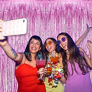 Foil Fringe Curtain Christmas Party Decorations - Pink Metallic Tinsel Photo Booth Backdrop Party Steamers Curtains for Birthdays Valentines Engagement Bachelorette Celebration