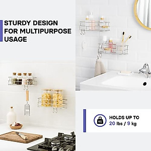 KINCMAX Shower Caddy, Rustproof SUS304 Stainless Steel, Adhesive Wall Mount Double Deep Round Baskets 2-pack with Hooks (Polished Silver)