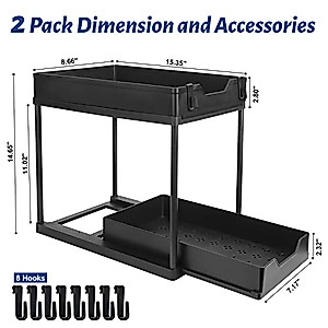 2 Pack Under Sink Organizers and Storage, Under Cabinet Organizer for Kitchen Organizer Multi-purpose Under Kitchen Sink Storage Under Sink Organizers with 4 Hooks (Black-2Pack)