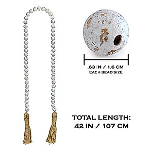 Farmhouse Wood Bead Garland Home Decor, Natural Wooden Garland for Tiered Tray, Decorative Tassel Garland for Tier Tray, Rustic Beads Centerpiece Boho Table Decor, Garland Beaded Accent White Washed