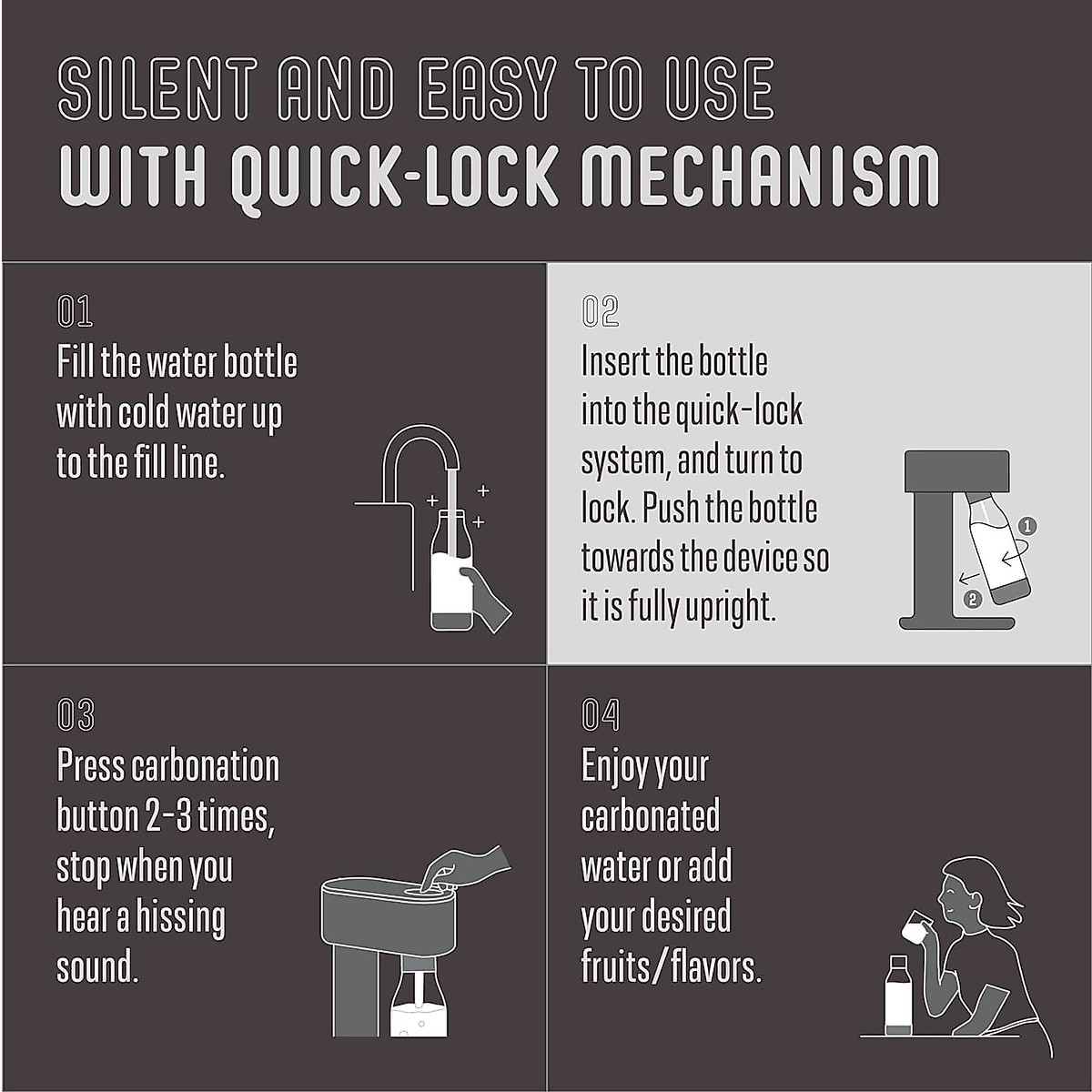 Mysoda Woody Sparkling Water Maker - Silent Carbonated Water Machine Made of Renewable Wood Composite and 1L Water Bottle - Without CO2 Cylinder - Seltzer Maker Machine - Colour Black