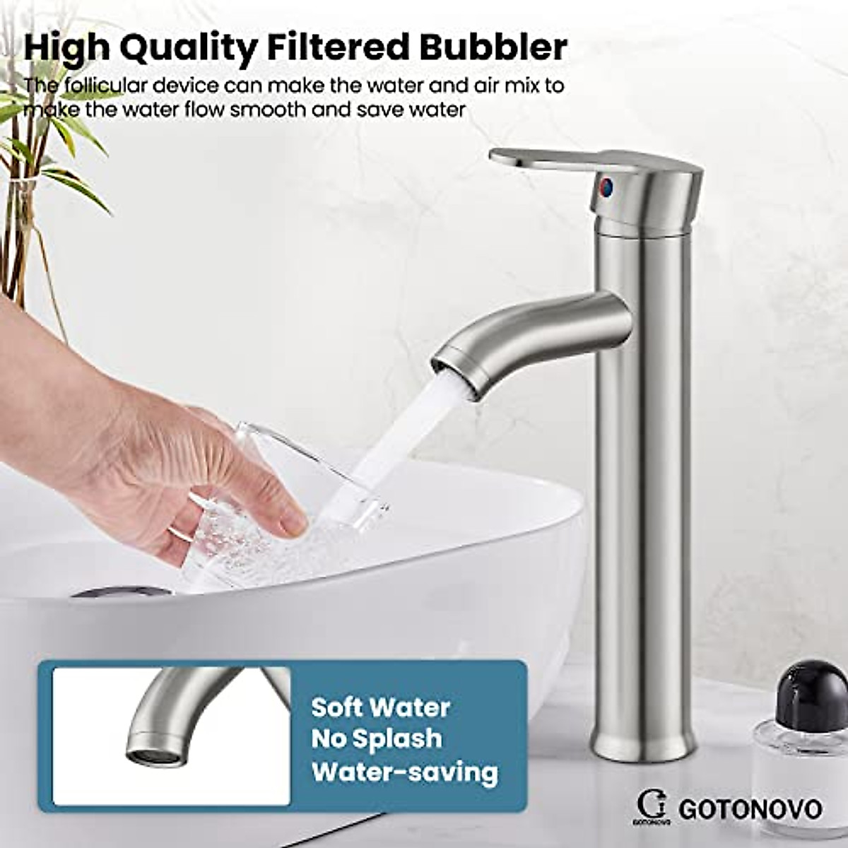 gotonovo Bathroom Sink Faucet Lavatory Vanity Mixer Bar Tap Combo Single Hole Single Handle Deck Mount with Water Supply Lines Brushed Nickel Vessel with Metal Pop Up Drain
