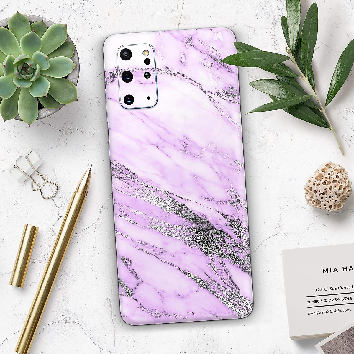 DesignSkinz Purple Marble & Digital Silver Foil V10 2 Protective Vinyl Decal Wrap Skin Cover Compatible with The Samsung Galaxy S20 (Screen Trim & Back Glass Skin)