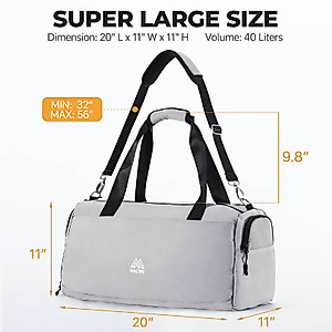 Duffel Gym Bag for Women, 40L Sports Bag for Men, Foldable Workout Bag with Shoe Compartment and Wet Pocket, Lightweight Weekender Overnight Bags (Grey)