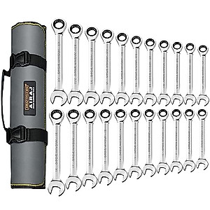 AIRAJ 22 Pcs Ratcheting Wrench Set, SAE 1/4-3/4 Inch & 6-18 Mm, Standard Combination Ratchet Wrenches Set for Car Repair and Household Equipment Repair, Chrome Vanadium Steel, Portable Handbag…