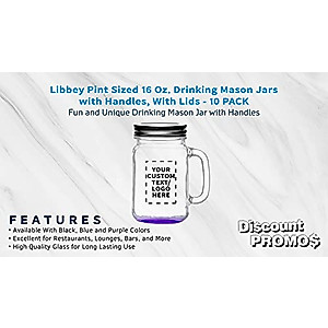 10 Libbey Handle Mason Jars with Lids Set, 16 oz. - Personalized Text, Logo - Traditional style, Drinking, Glassware - Purple