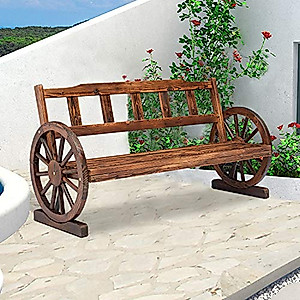 JSUN7 Outdoor Wooden Wheel Bench,56''L x 22.4" W x 29.6" H Wagon Bench Chair Rustic Slatted Seat Back for Backyard Patio Garden, 2-Person