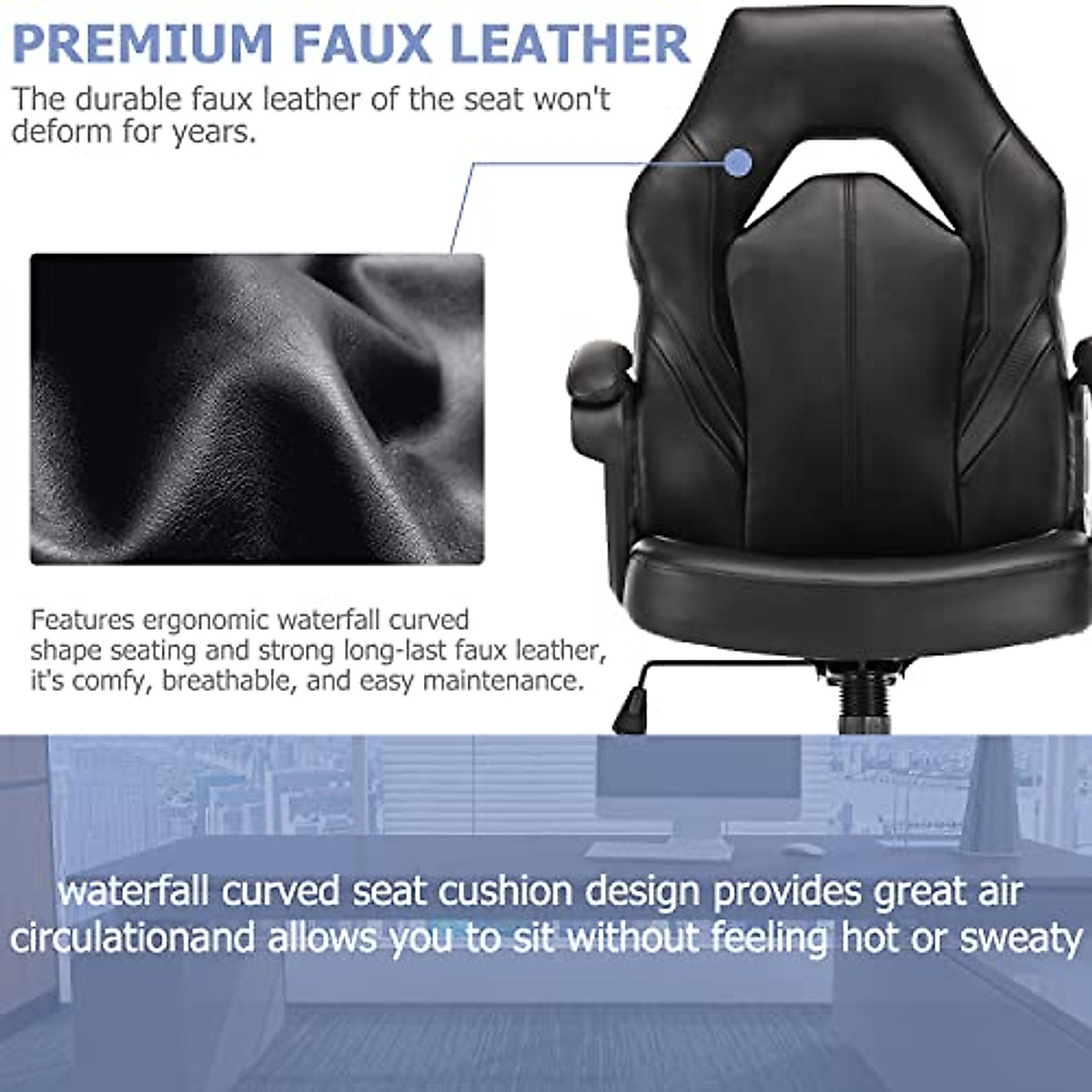 Office Chair, Ergonomic High Back Computer Chair Height Adjustable Desk Chair Faux PU Leather Chair with Armrest Padded and Lumbar Support, Black