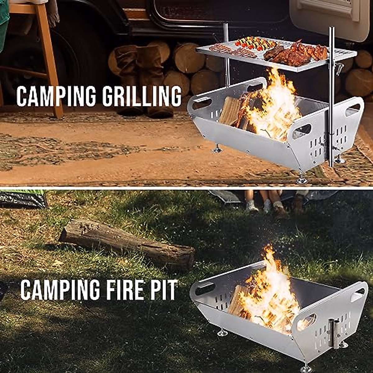 Skyflame Outdoor Fire Pit Grill Combo - Stainless Steel Wood Burning Fire Pit with Height Adjustable Cooking Grate Camping Grill Kit for Backyard Patio Hiking Backpacking Picnic Travel Tailgating