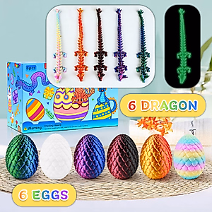 Impossmaker 6PCS 3D Printed Easter Dragon Eggs with 3D Printed Dragon Inside, Easter Basket Stuffers Mini Dragon Egg Set Articulated Crystal Dragon Fidget Toy for Adults Teens