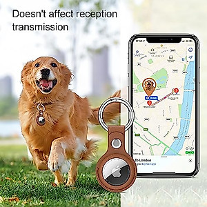 R-fun Airtag Holder with Keychain and Lock, [4 Pack] Protective PU Leather AirTag case Cover with Key Rings for Wallet, Dog Collar, Luggage, and Keys-Black/Green/Brown/Yellow