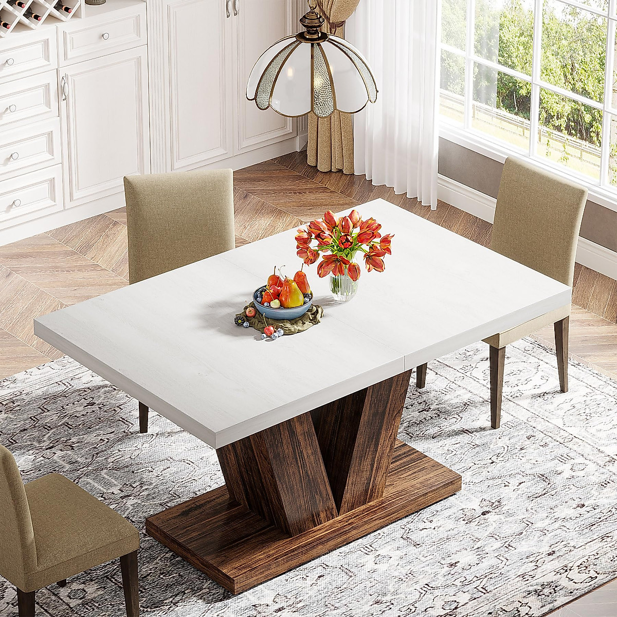 Tribesigns 47-Inch Dining Table for 4, White Kitchen Dinner Table with Heavy Duty Pedestal, Farmhouse Wooden Eating Table for Home, Dining Room, Small Space