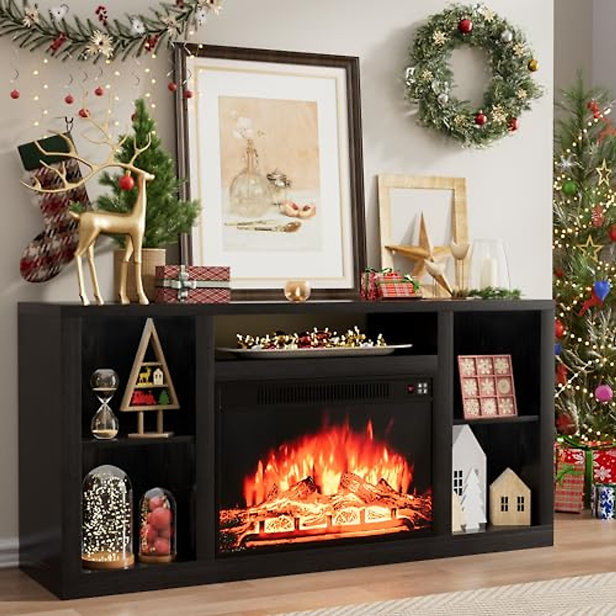 YESHOMY Electric Fireplace TV Stand for Televisions up to 65+ Inch, Media Entertainment Center Console Table with Four Open Storage Shelves & Cabinets, 58 Inch, Black
