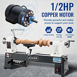 UOKRR Benchtop Wood Lathe 10" x 18" Wood Lathe Machine 5 Variable Speeds 500/750/1150/1800/3200RPM Mini Wood Turning Lathe for Woodworking 1/2HP Multifunctional Power Wood Lathe