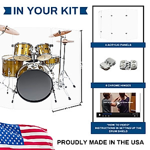 PENNZONI Drum Shield 4ft w/Chrome Hinges, Comes w/ 4 Drum Panels, & 6 Chrome Hinges, Premium Clear Acrylic Panels, Drum Screen