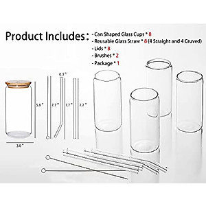 MMonDod 8 Pack Glass Cups with Lids and Straws,Iced Coffee Cup,Glass Beer Cups with Bamboo Lids and Straws,Can Shaped Glass Cups,Glass Soda Can Cup,16 oz Can Tumbler Glasses with Lid and Straw