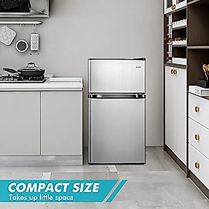 COSTWAY Compact Refrigerator, 3.2 Cu.Ft. Fridge Freezer Compartment with Reversible 2 Door, Adjustable Thermostat, Removable Glass Shelves, Mini Refrigerator for Bedroom Dorm Apartment Office, Silver