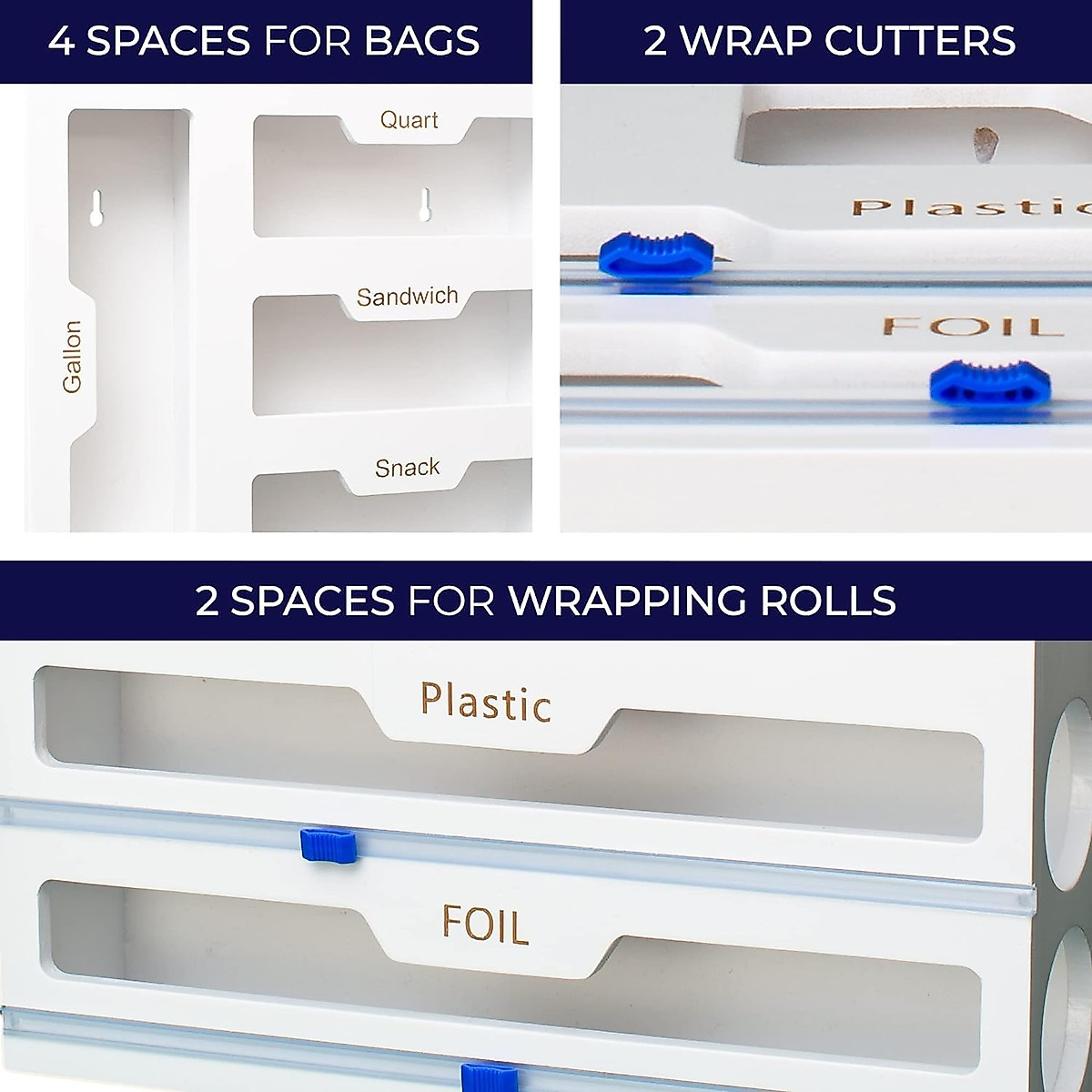 Forever Home 6 IN 1 Ziplock Bag Organizer, Bamboo Foil & Plastic Wrap Organizer for Kitchen Drawer - Compatible with Ziplock Gallon, Quart, Sandwich, Snack, Aluminum Foil etc - White