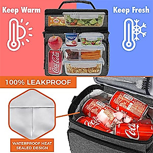 opux Insulated Lunch Bag for Men Women, Large Dual Compartment Cooler Bag, Soft Two Deck Lunch Box for Work School Picnic, Leakproof Lunch Tote with Strap for Kid Adult (Charcoal Gray, Double Deck)