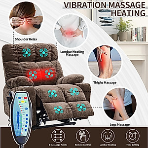 Plococo Lay Flat Sleeping Dual OKIN Motor Lift Recliner Chair with Vabriation Heat Massage for Elderly,Infinite Position Soft Fabric Power Electric Recliner Sofa Chair for Living Room, Brown, 9990